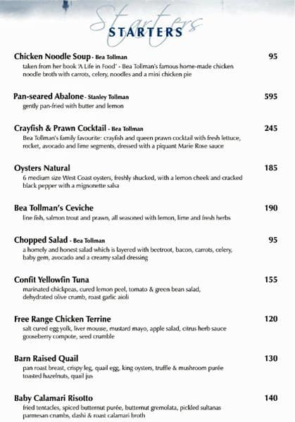 Menu at Azure Restaurant 12 Apostels, Cape Town