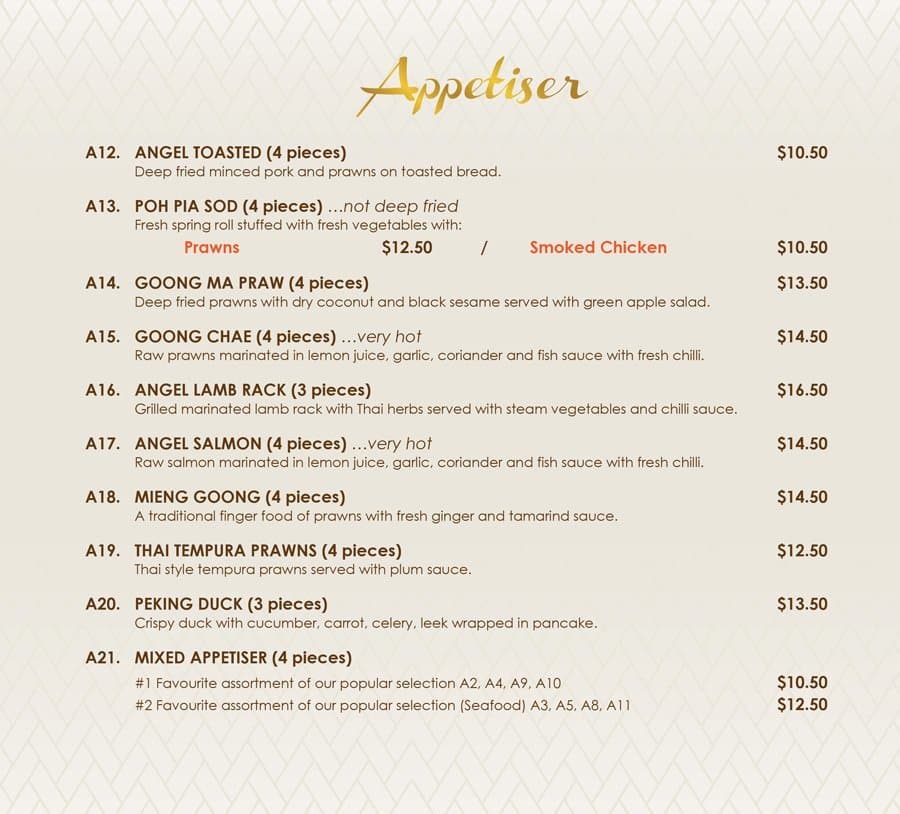 Menu at Angel Thai Restaurant, Auckland