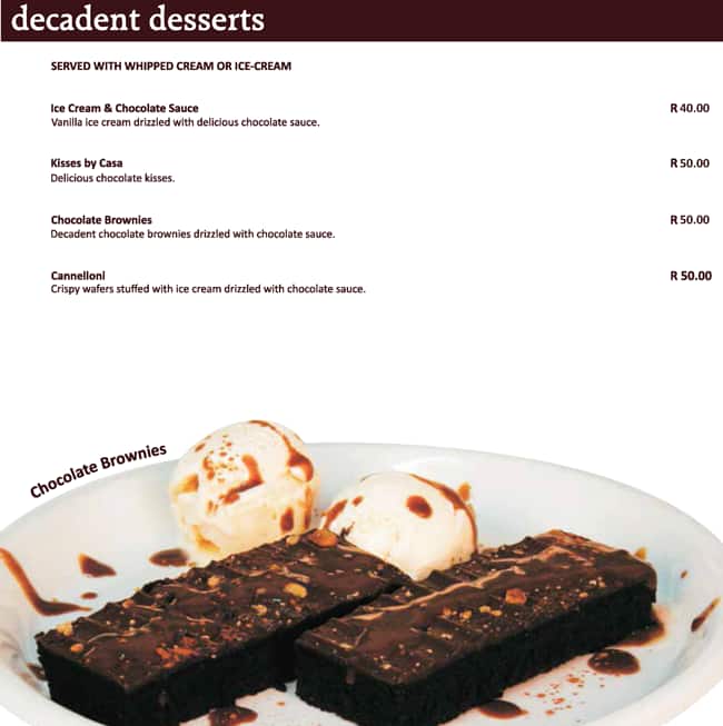 Menu at Casablanca restaurant, Durban, 411 Windermere Road