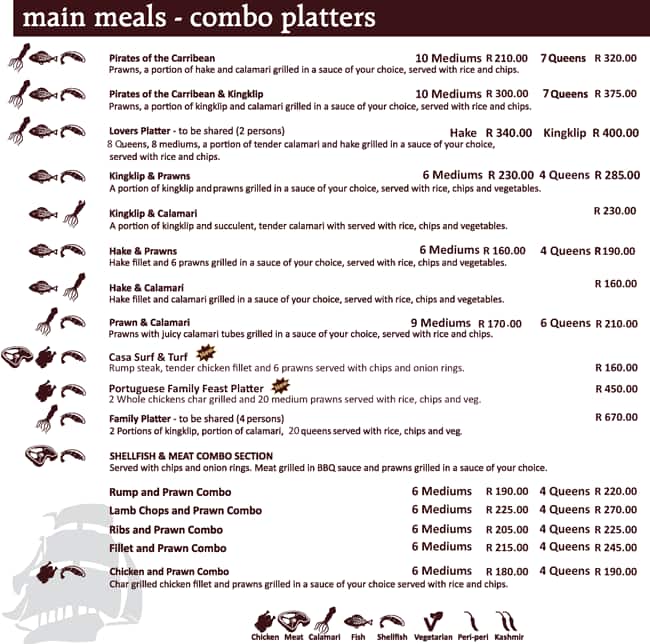 Menu at Casablanca restaurant, Durban, 411 Windermere Road