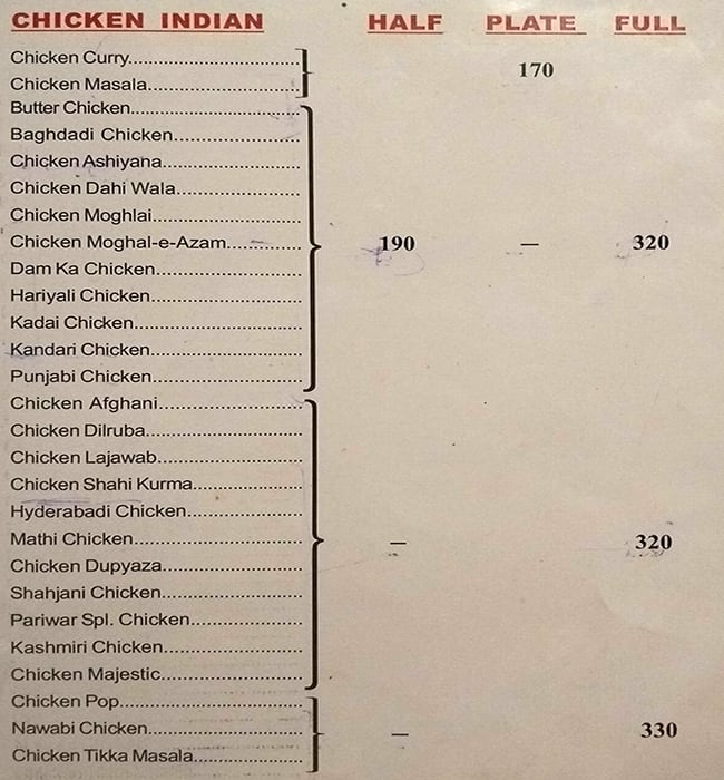 Menu of Pariwar Dhaba, Shamshabad, Hyderabad