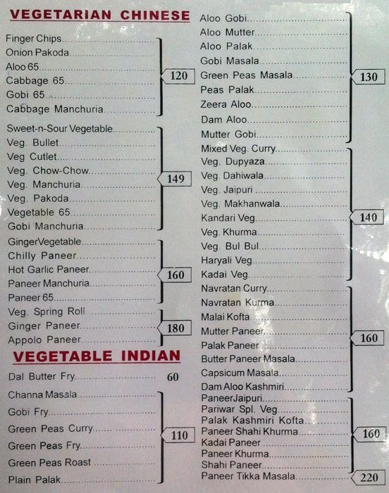 Pariwar Dhaba menu, Menu restauracji Pariwar Dhaba, Shamshabad ...
