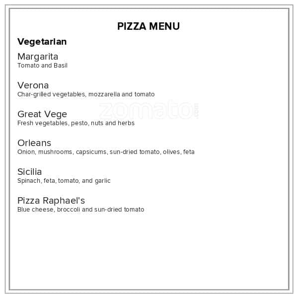 Menu at Raphael's Pizza & Pasta Restaurant, Dunedin