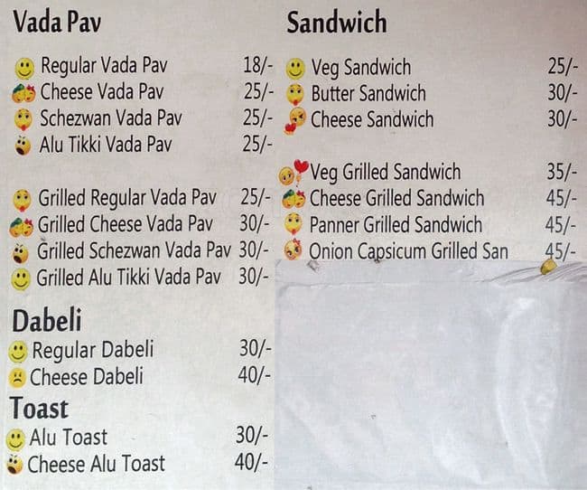 Menu at Mirchi's Vada Pav, Hyderabad