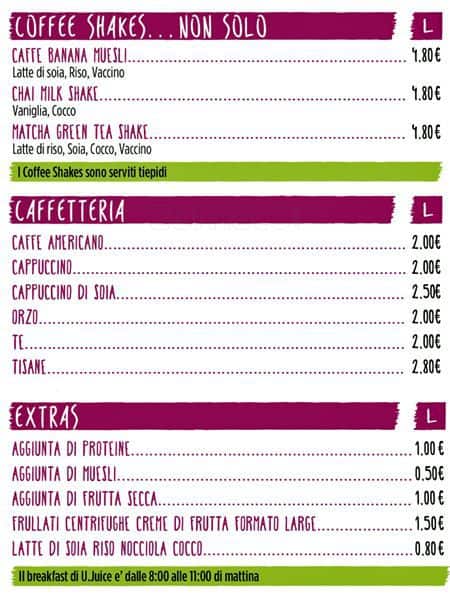 Menu at Urban Juice fast food, Rome