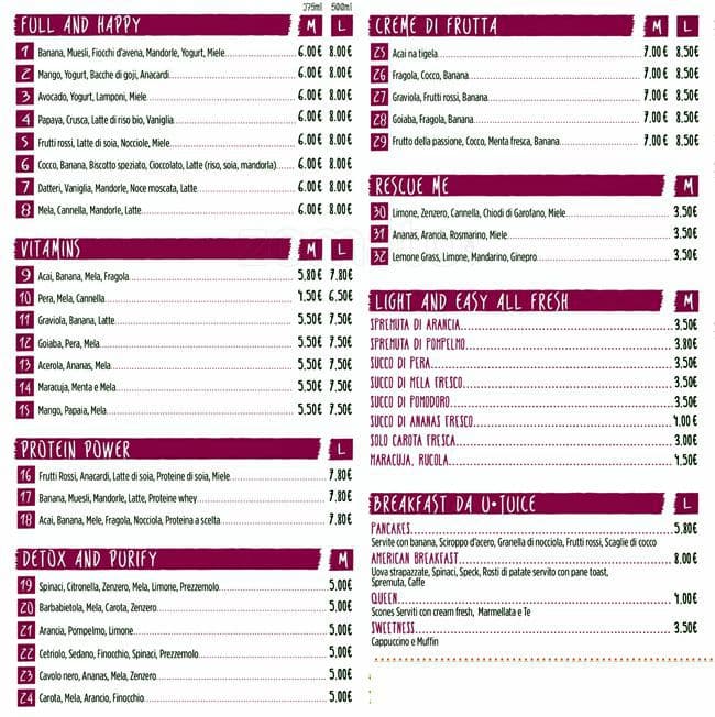 Speisekarte von Urban Juice fast Food, ROM