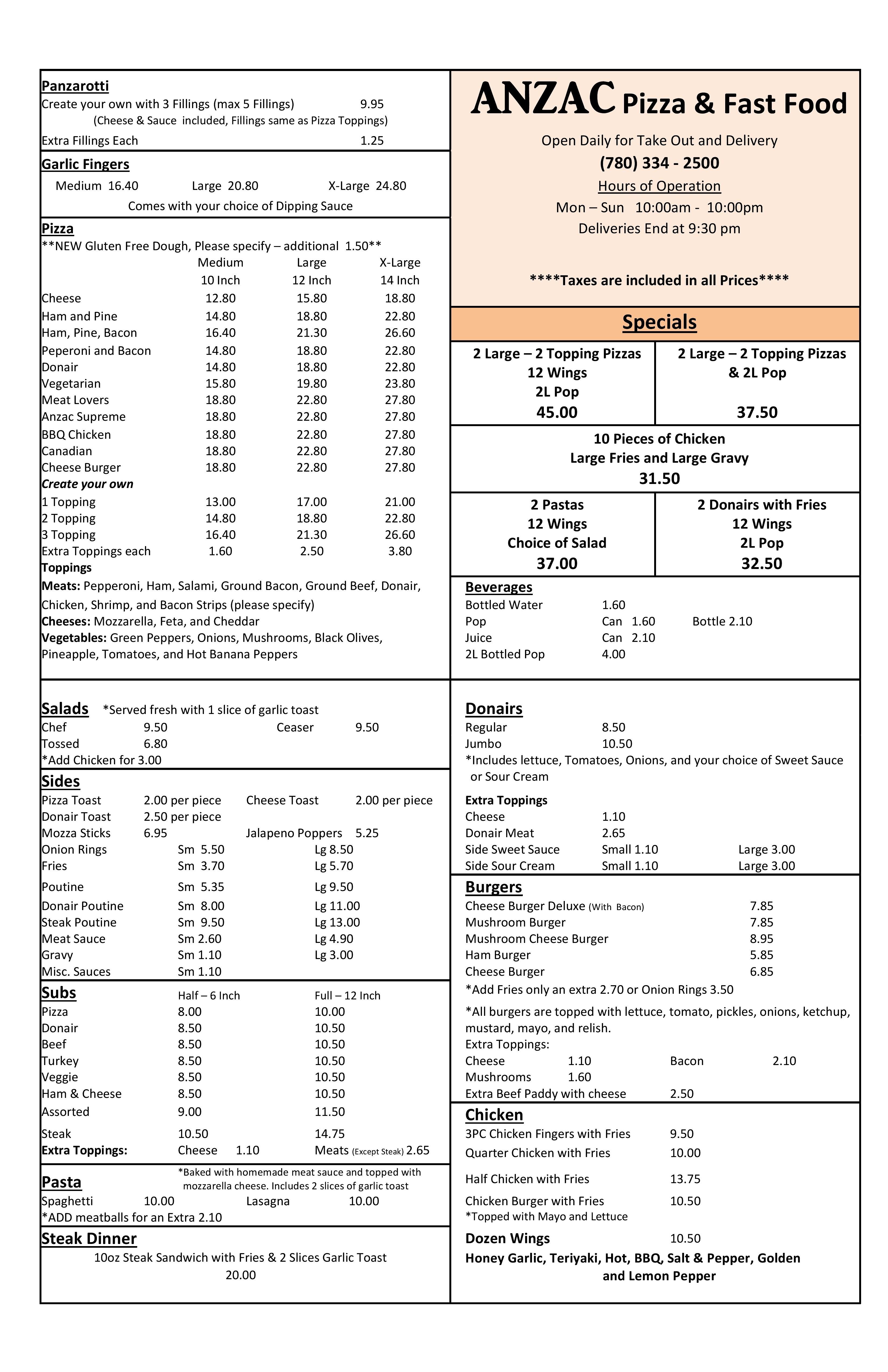 Anzac Pizza & Fastfood Menu - Urbanspoon/Zomato