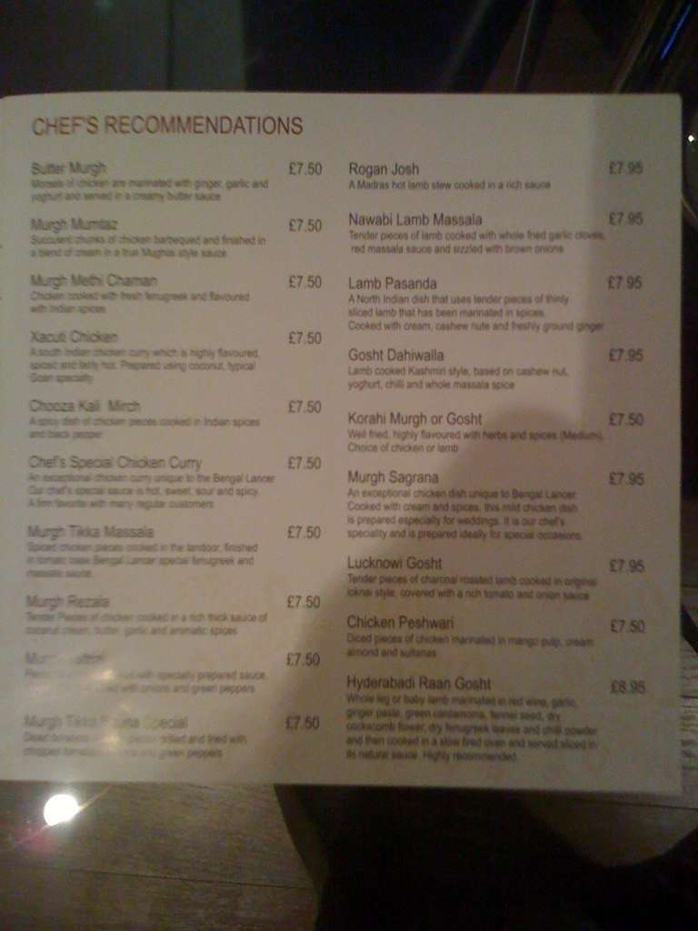 Menu at Bengal Lancer restaurant, Esher