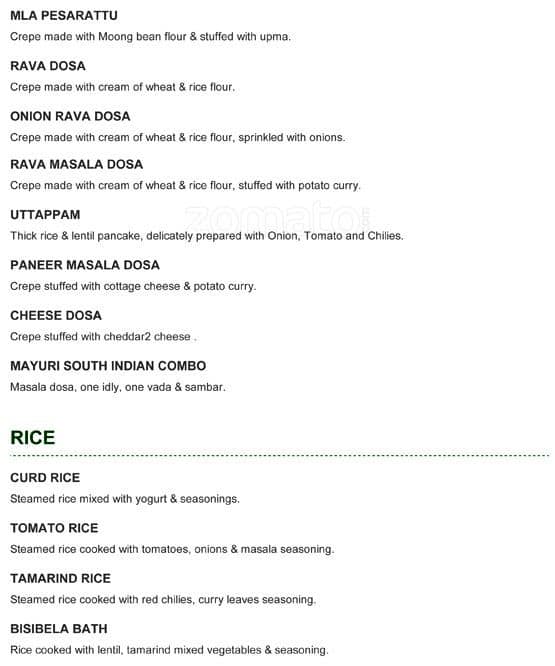 Menu at Mayuri Indian Cuisine restaurant, Redmond, Bel-Red Rd