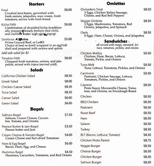 Menu at Oasis Cafe, San Francisco, 901 Divisadero St