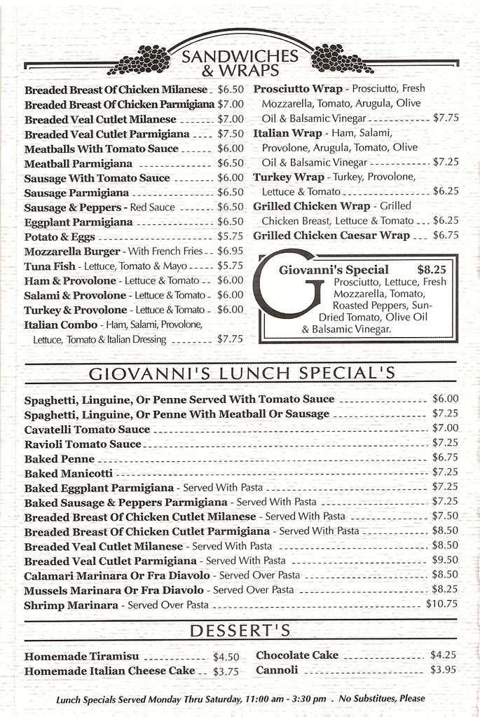 Menu at Giovanni's restaurant, Palm Beach Gardens