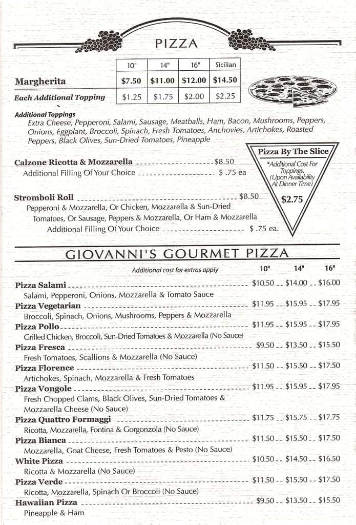 Menu at Giovanni's restaurant, Palm Beach Gardens