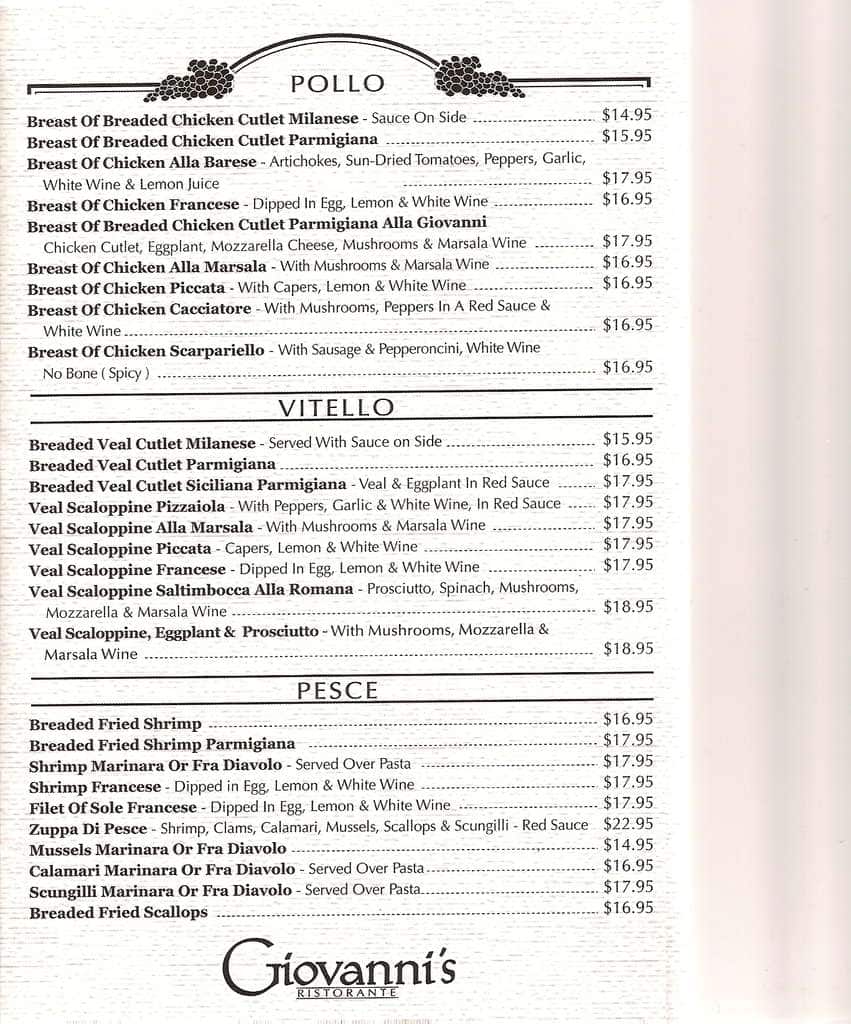 Menu at Giovanni's restaurant, Palm Beach Gardens