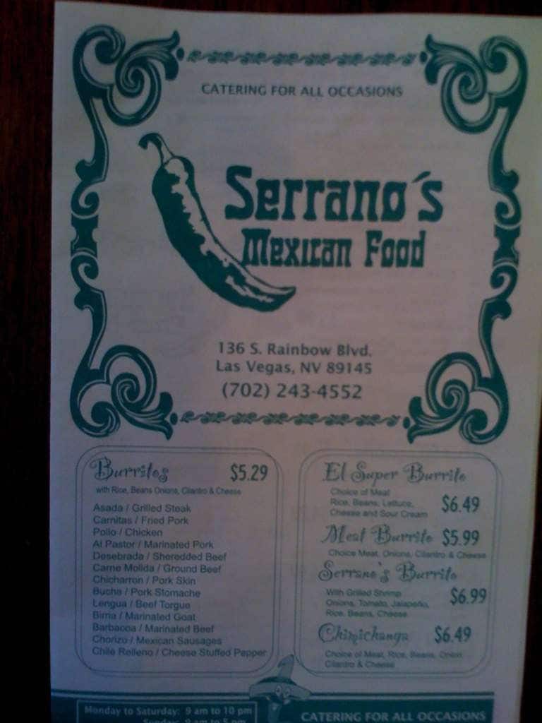Menu at Serrano's Mexican Fast Food, Las Vegas