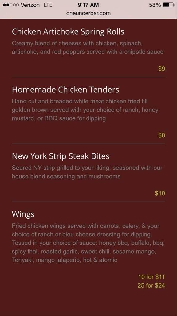 Menu at One Under Craft Beer & Eats pub & bar, Livonia