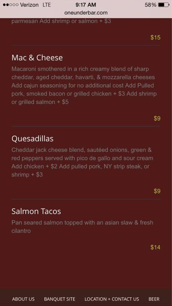 Menu at One Under Craft Beer & Eats pub & bar, Livonia