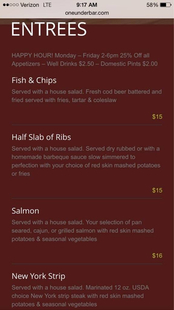 Menu at One Under Craft Beer & Eats pub & bar, Livonia