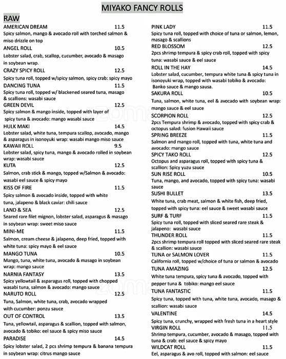 Menu at Miyako Sushi & Grill restaurant, Lexington