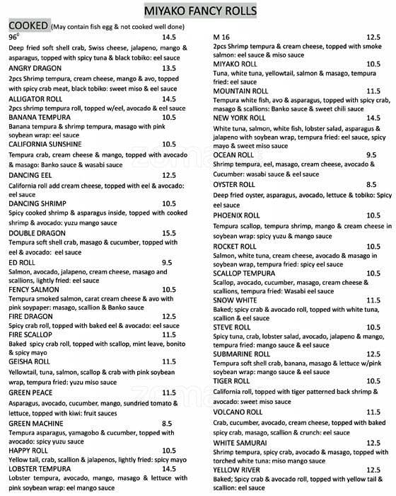 Menu at Miyako Sushi & Grill restaurant, Lexington