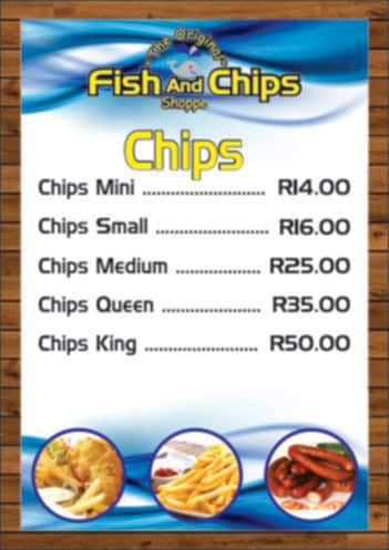 Menu au The Original Fishh and Chips shoppe café, Johannesburg