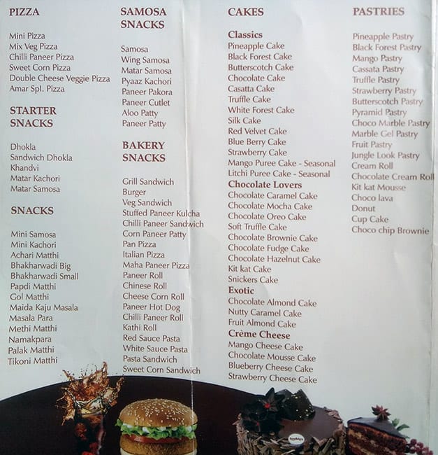 Menu of Amar Bakery, Anand Vihar, New Delhi