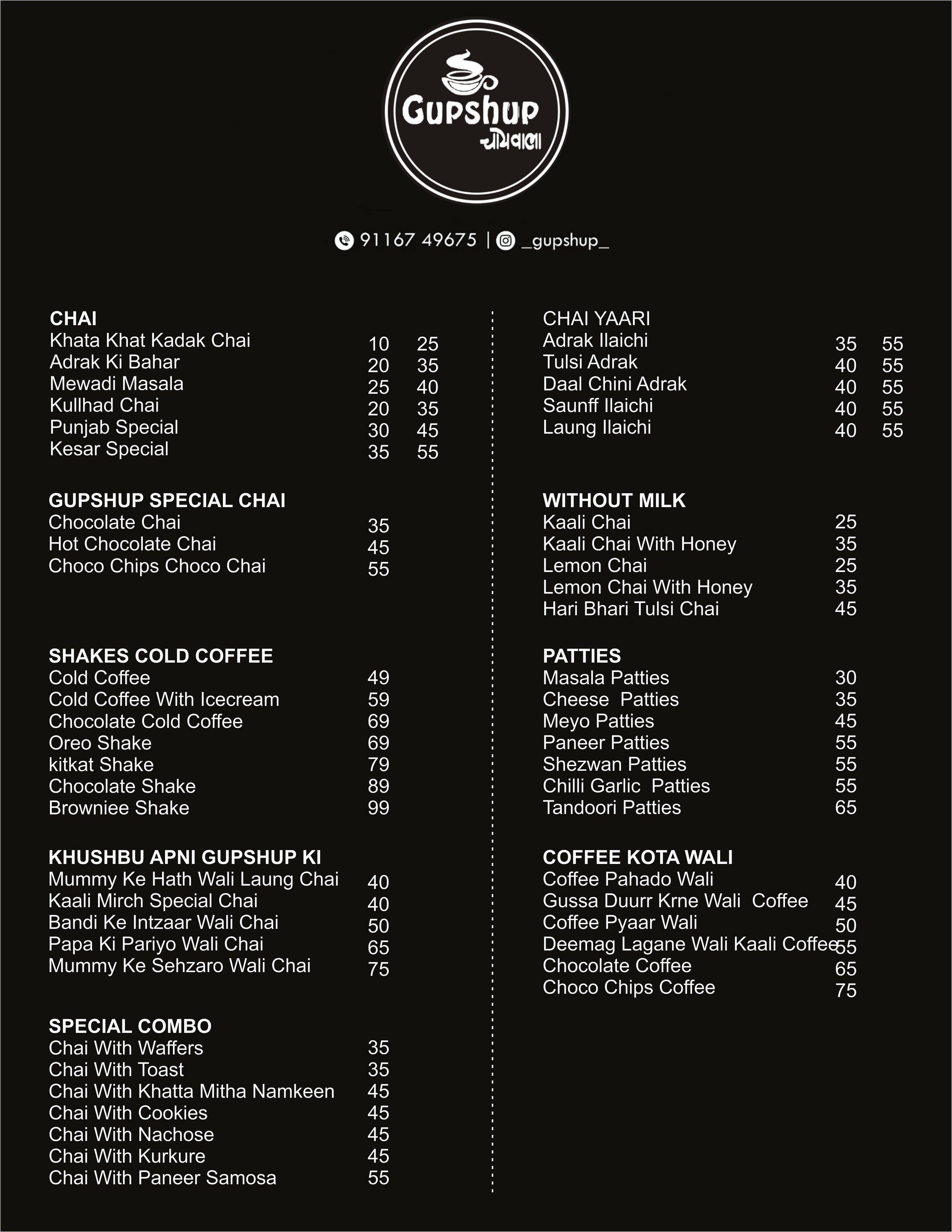 Menu at Gup Shup tea corner, Kota