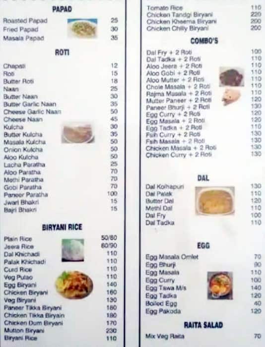 Menu of Jagdamba Hotel, Chembur, Mumbai