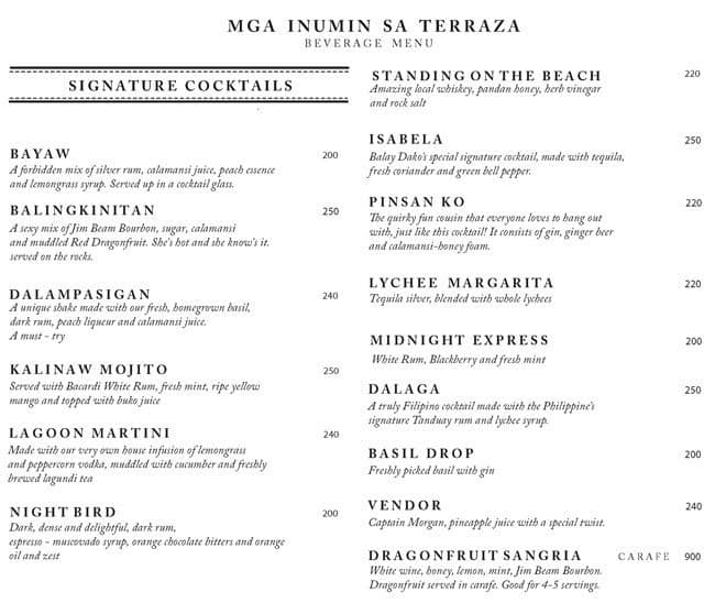 Menu at Terraza restaurant, Tagaytay