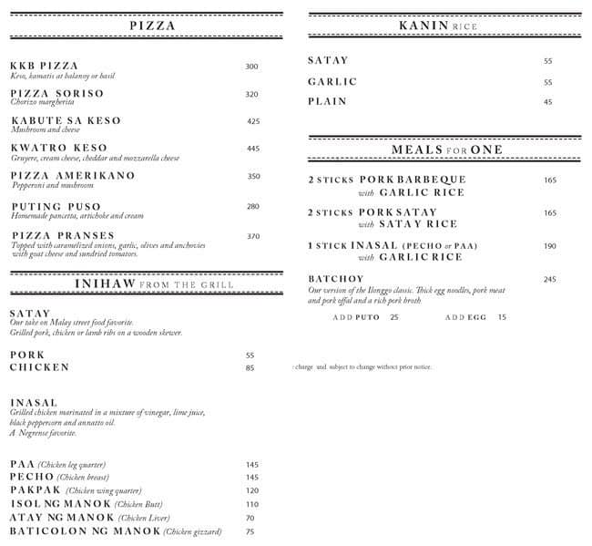 Menu at Terraza restaurant, Tagaytay