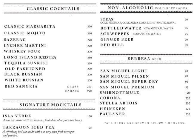 Menu at Terraza restaurant, Tagaytay