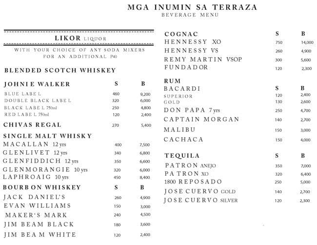 Menu at Terraza restaurant, Tagaytay