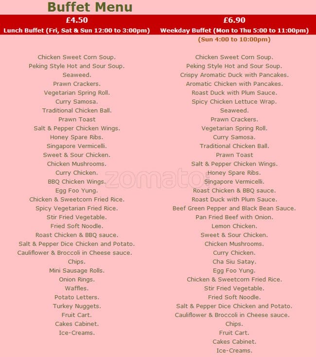 Menu at Swinton Buffet restaurant, Manchester, 516 Bolton Rd