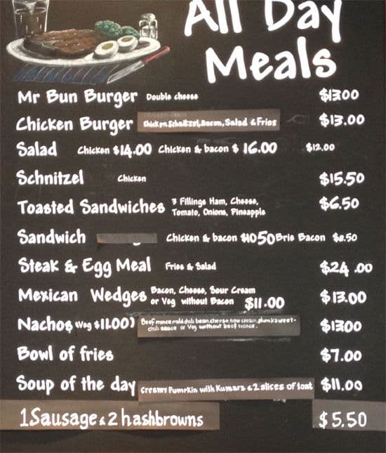 Menu at Mr Bun Cafe, Wellington, 141 Manners St