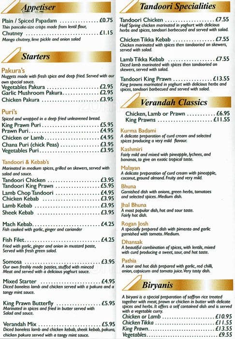 The Verandah Restaurant Menu, Menu for The Verandah Restaurant, Dalry ...