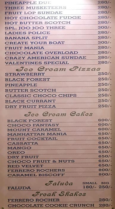 Menu of Jal Mahal Ice Cream Parlour, MI Road, Jaipur