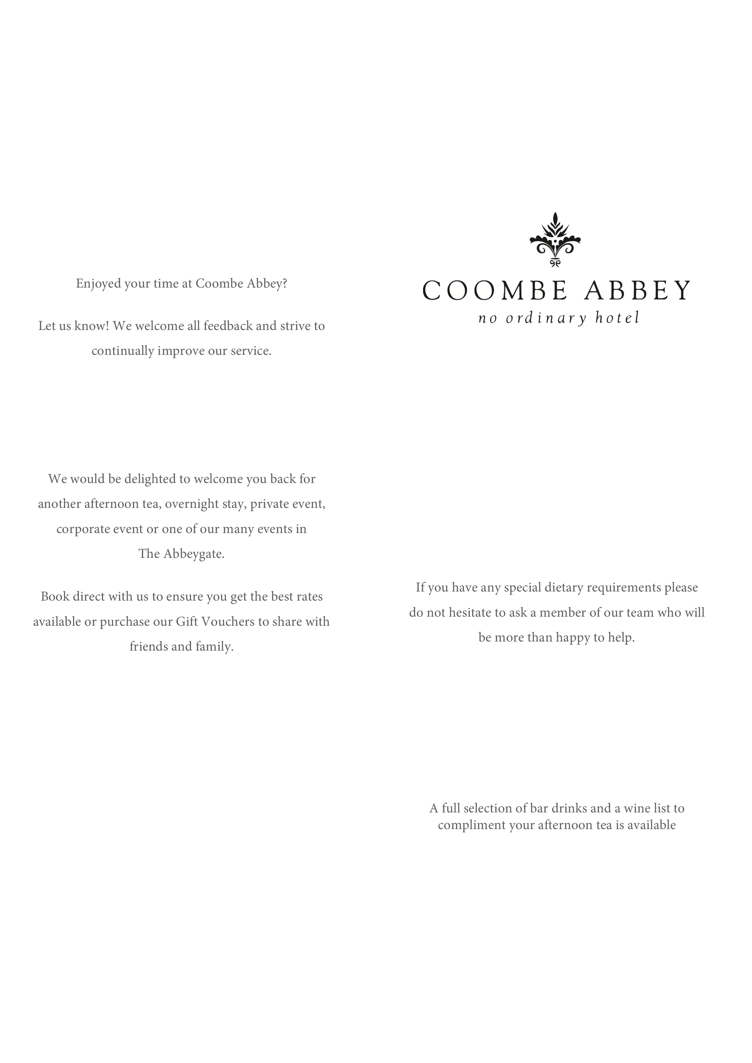 Menu at Coombe Abbey Hotel pub & bar, Coventry