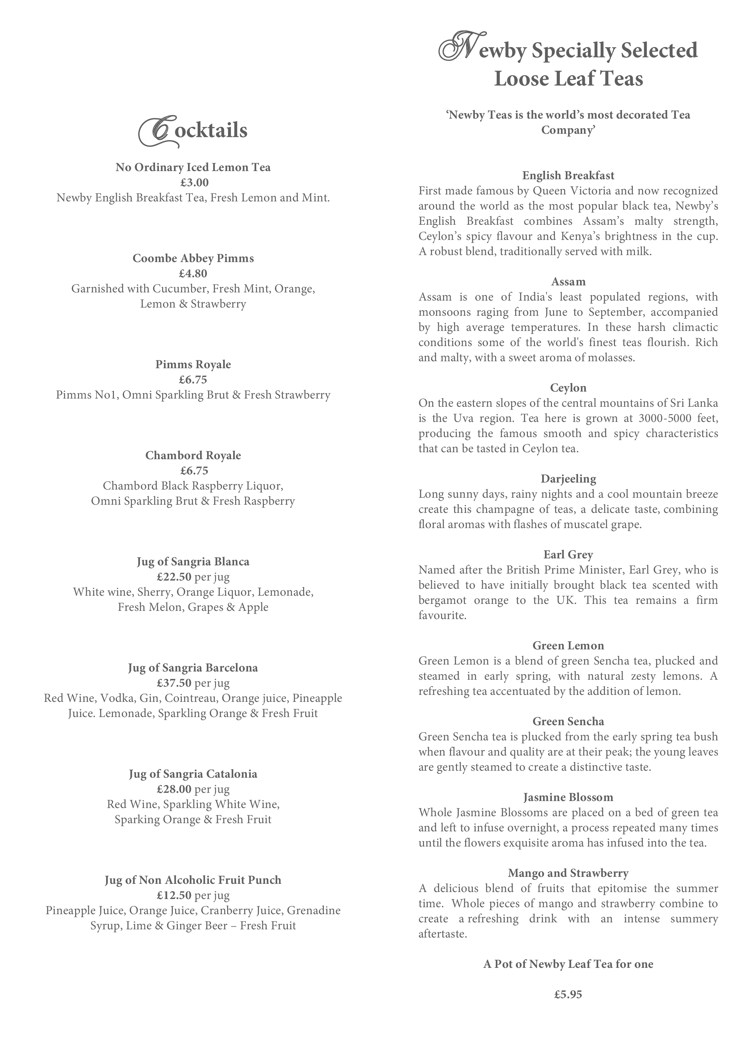 Menu at Coombe Abbey Hotel pub & bar, Coventry