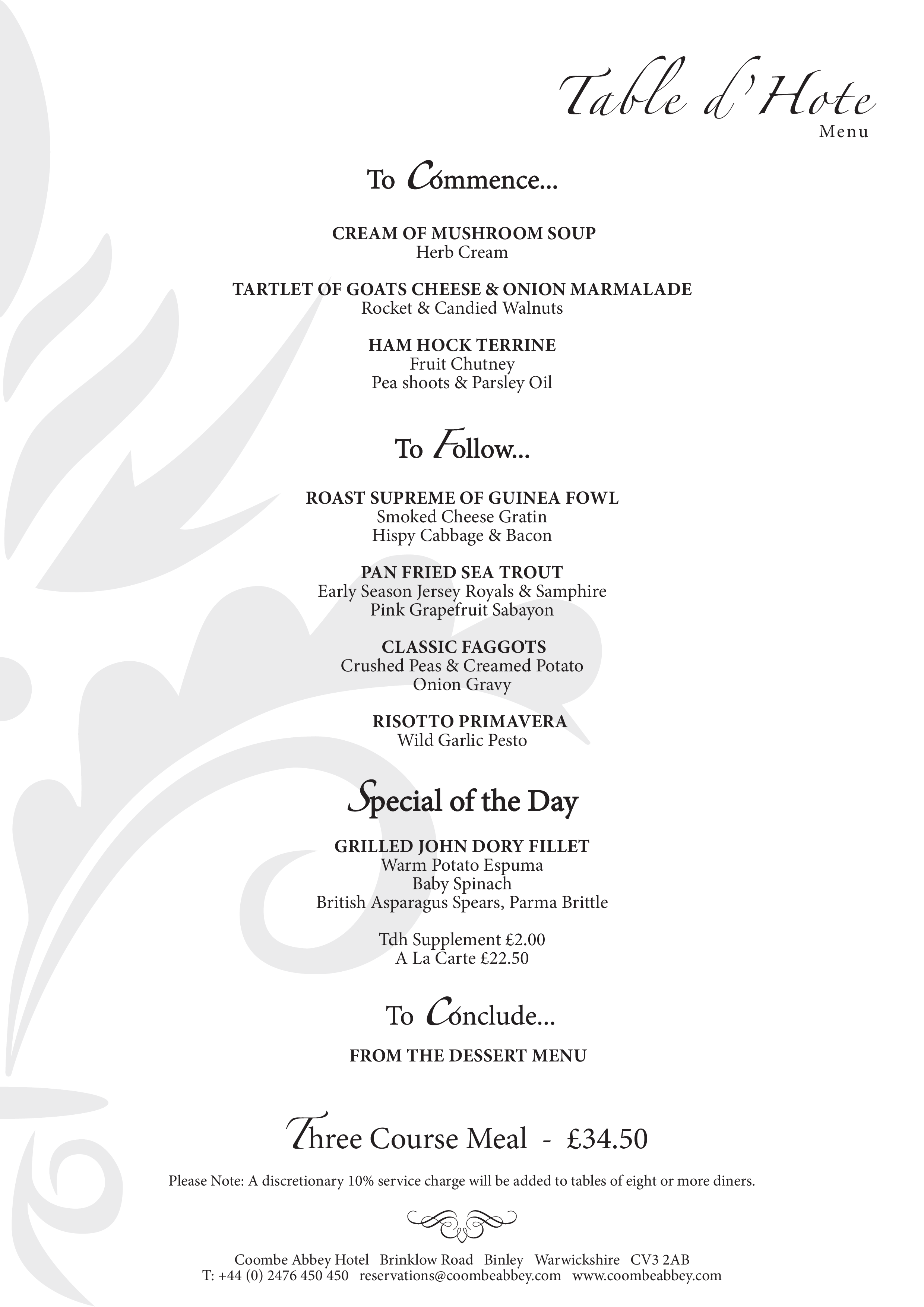 Menu at Coombe Abbey Hotel pub & bar, Coventry