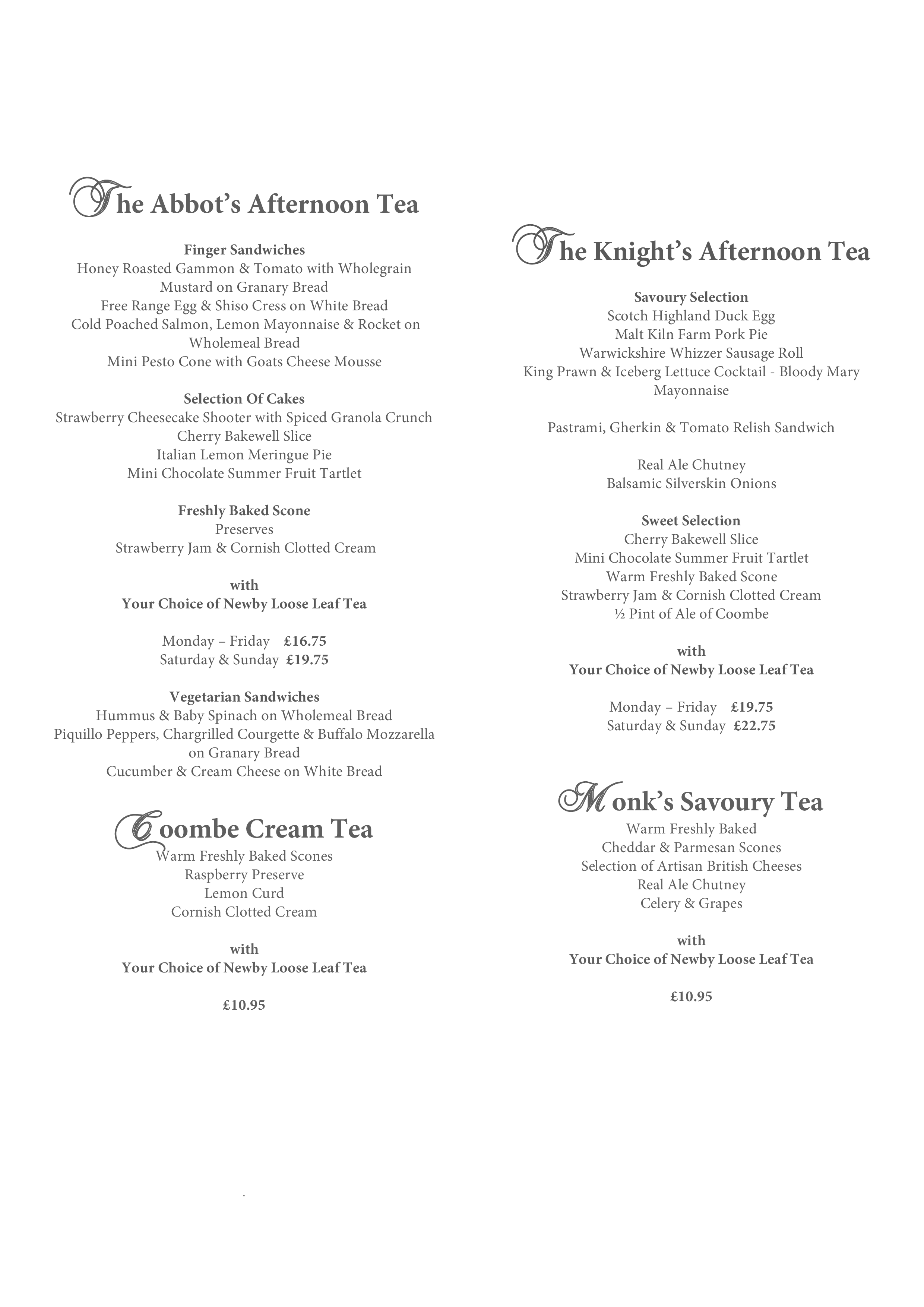 Menu at Coombe Abbey Hotel pub & bar, Coventry