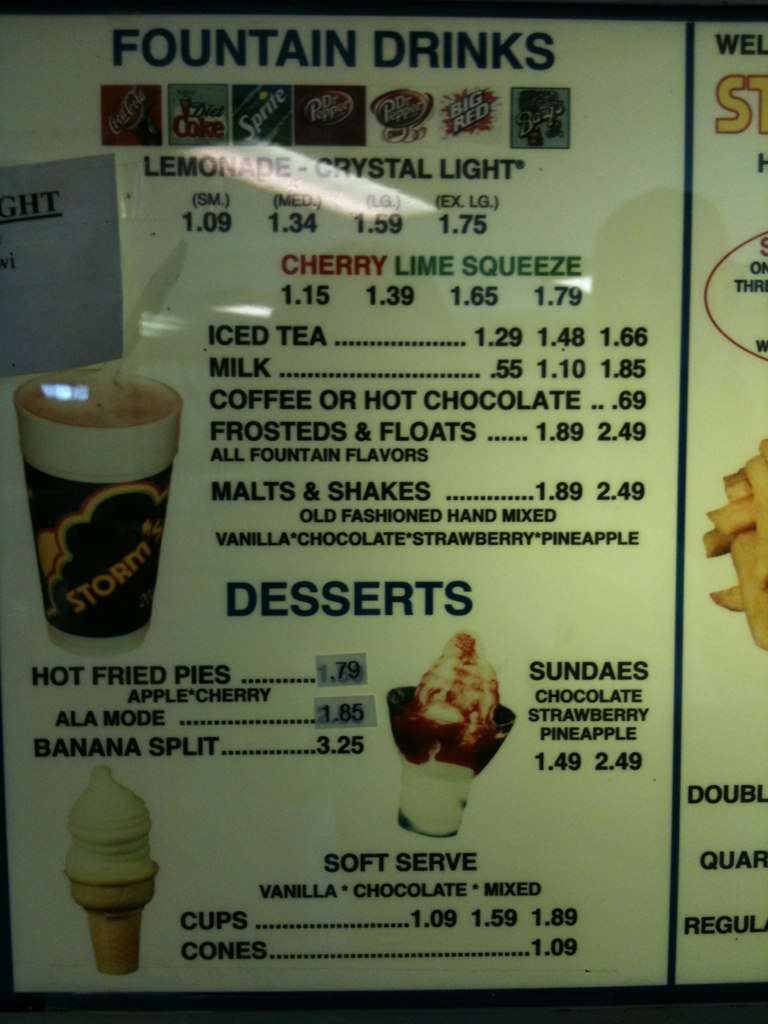 Menu at Storm's Drive-In, Hamilton fast food, Hamilton