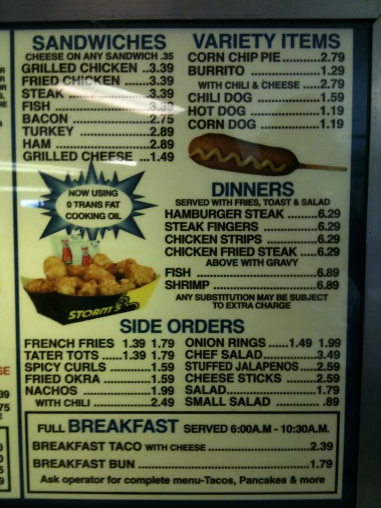 Menu at Storm's Drive-In, Hamilton fast food, Hamilton