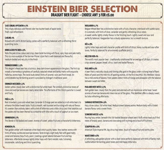 Menu at Einstein Bier Haus pub & bar, Liverpool