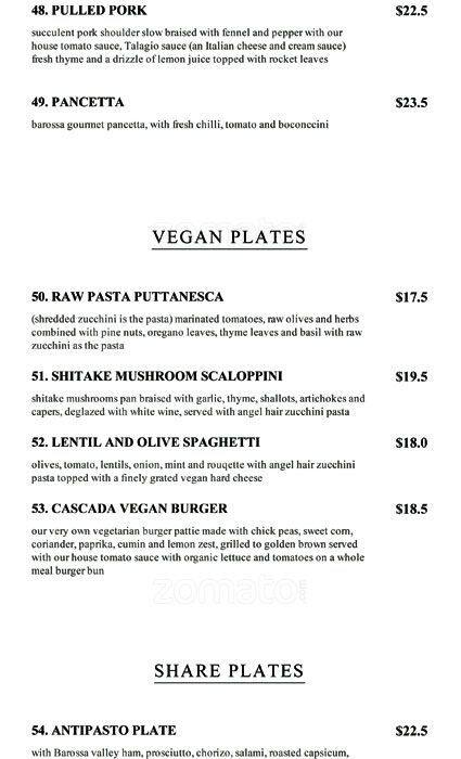 Carta de pizzería Cascada, Burnside