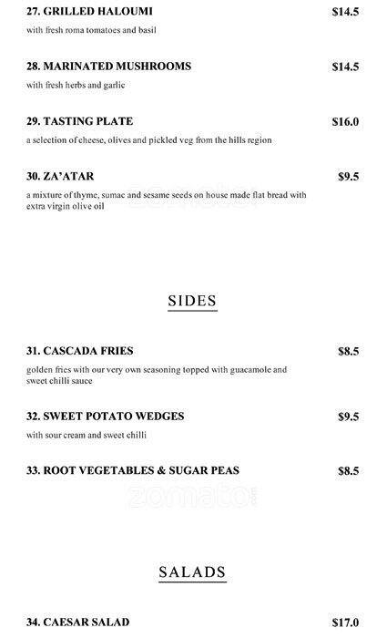 Carta de pizzería Cascada, Burnside