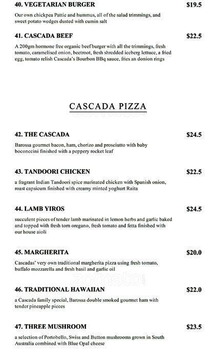 Carta de pizzería Cascada, Burnside