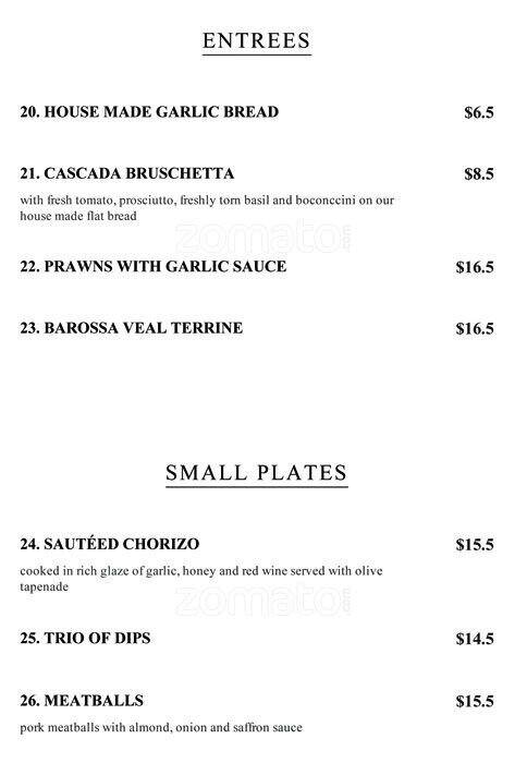 Menu at Cascada Cafe, Burnside