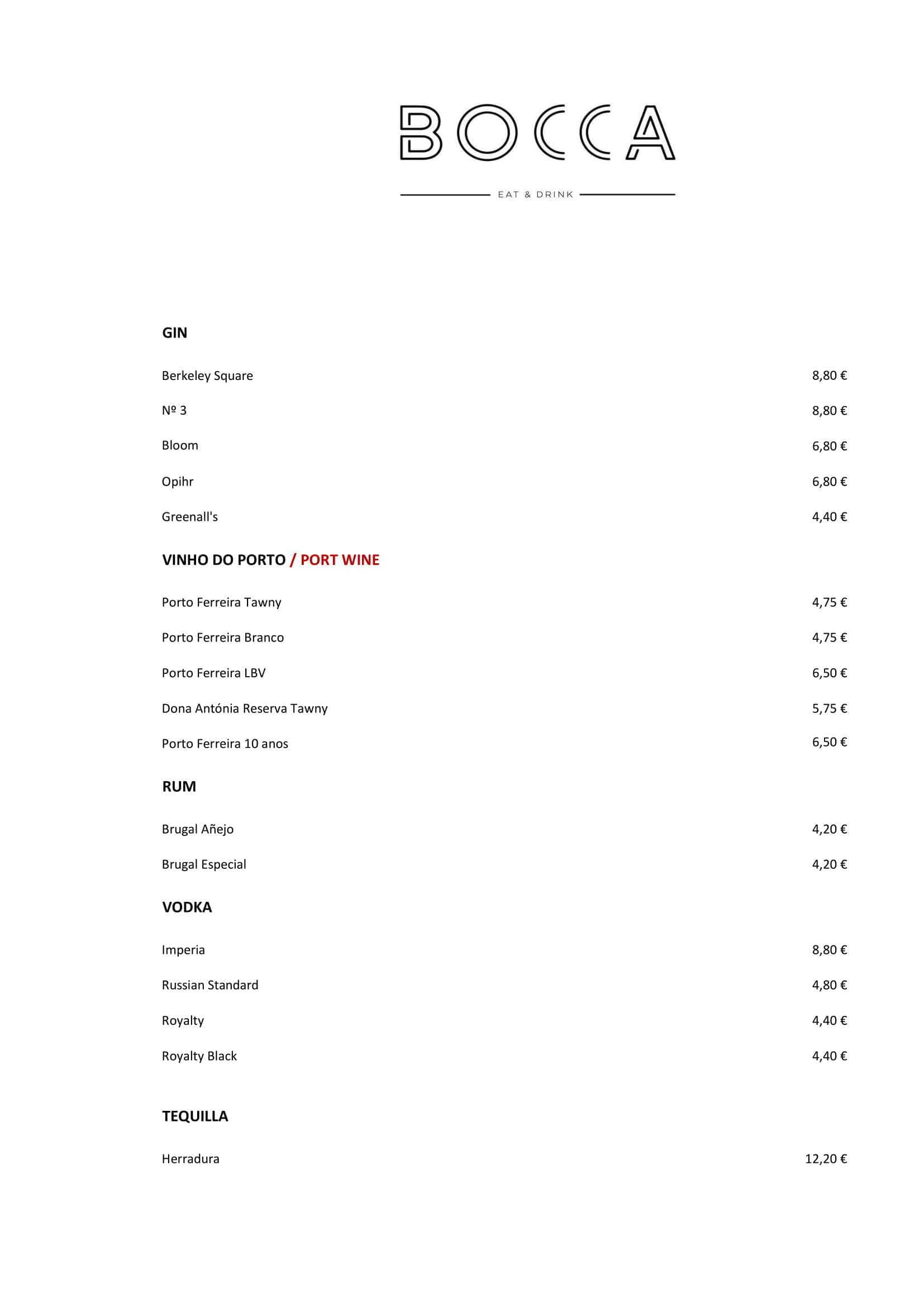 Menu em Bocca restaurante, Porto