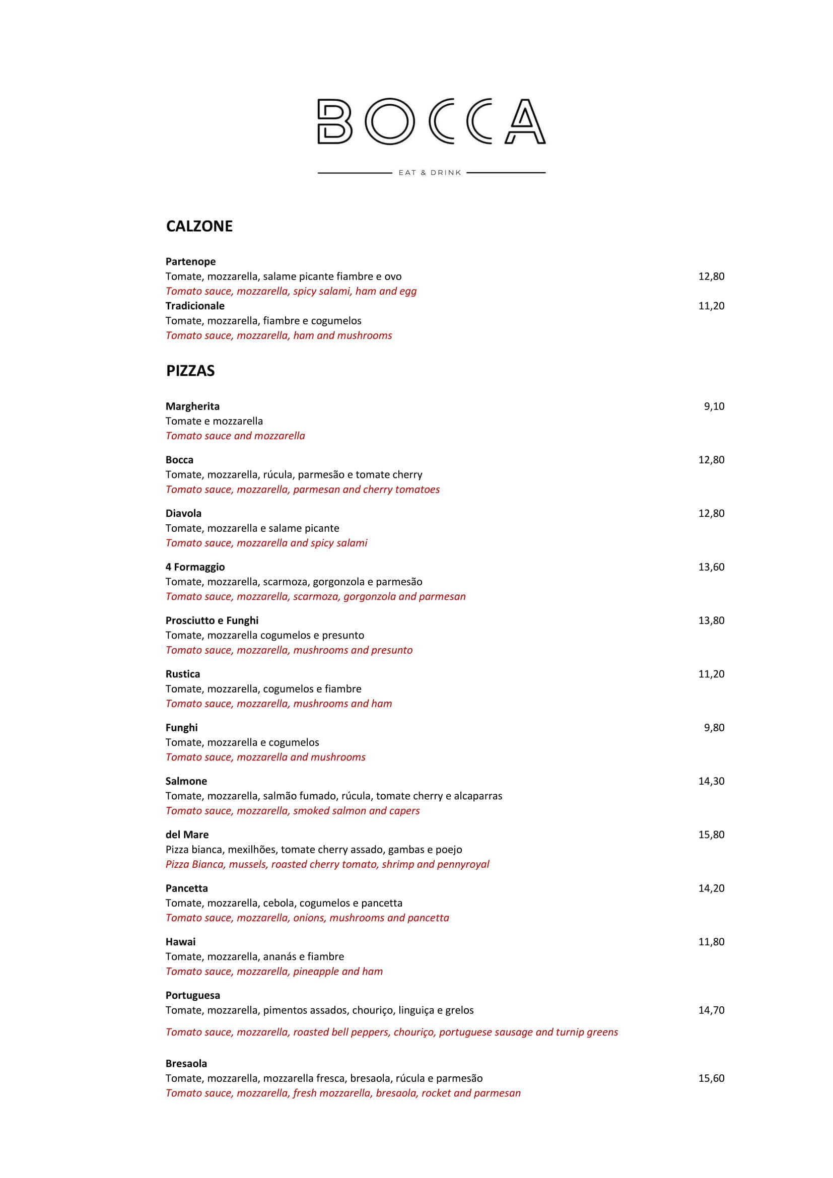 Menu em Bocca restaurante, Porto