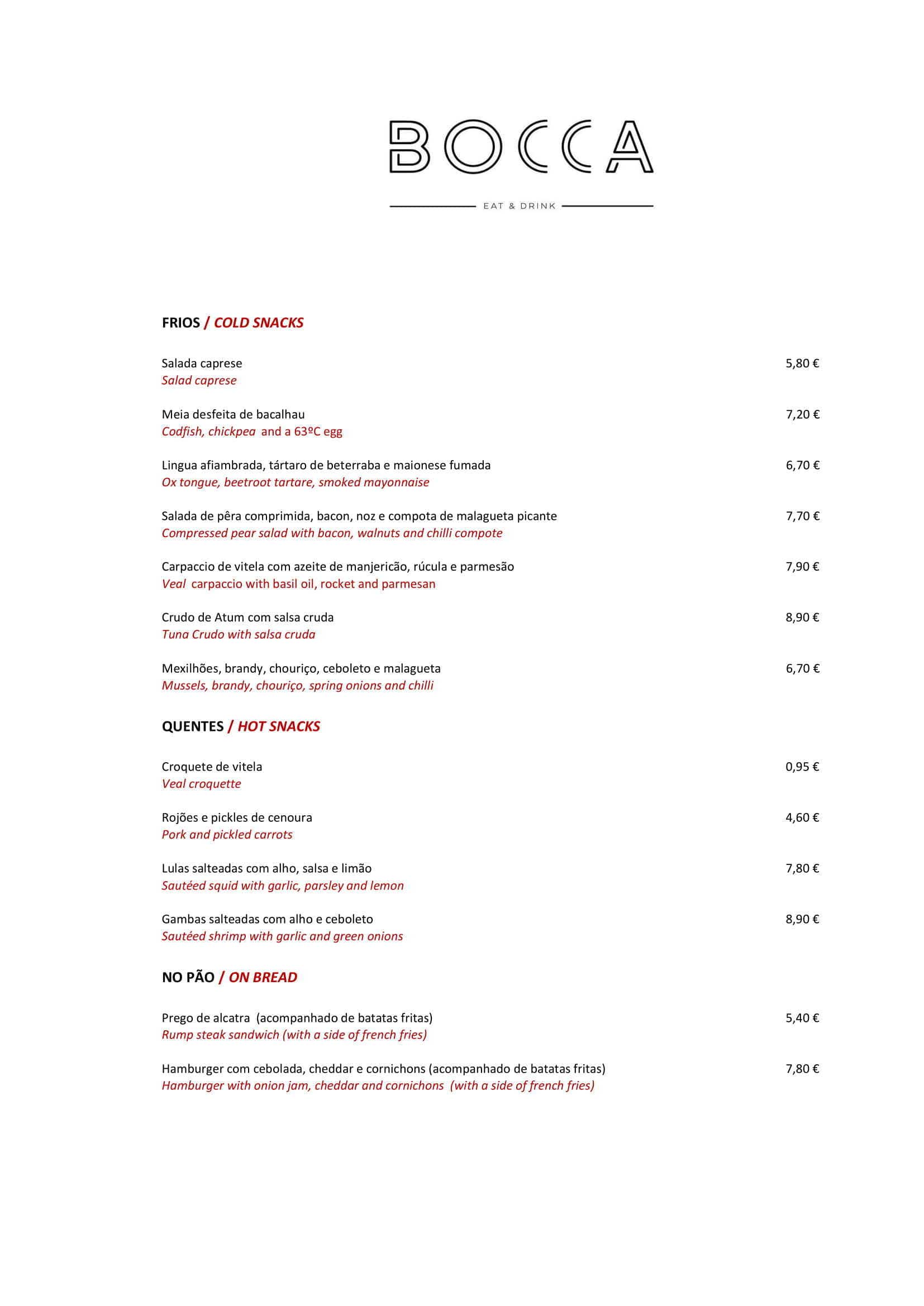 Menu em Bocca restaurante, Porto