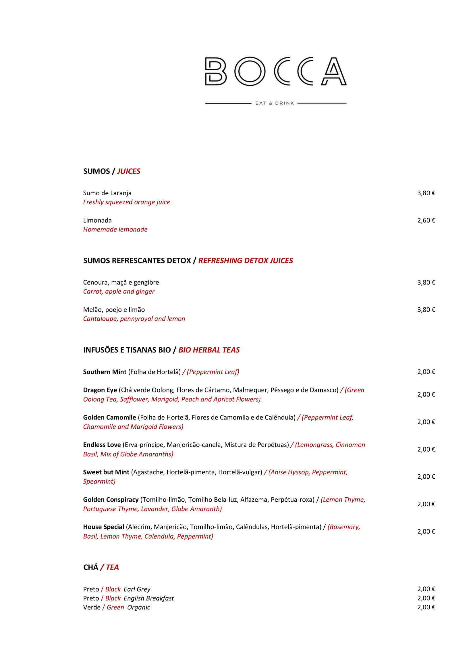 Menu em Bocca restaurante, Porto